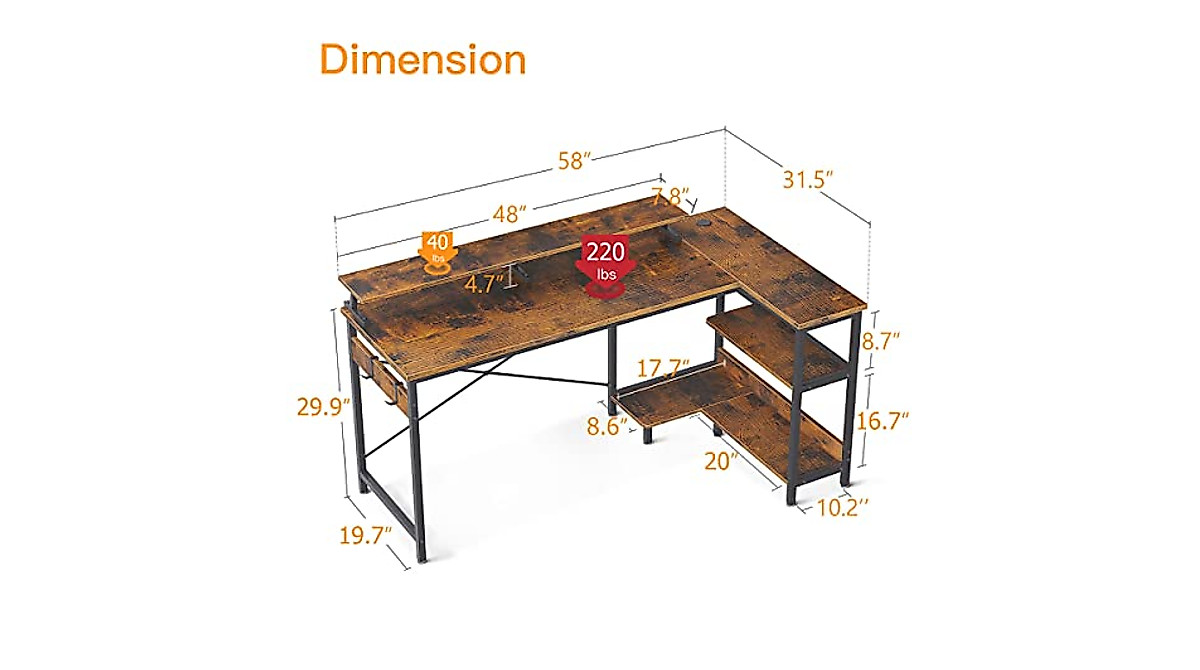 ODK 58" L Shaped Desk with Reversible Storage