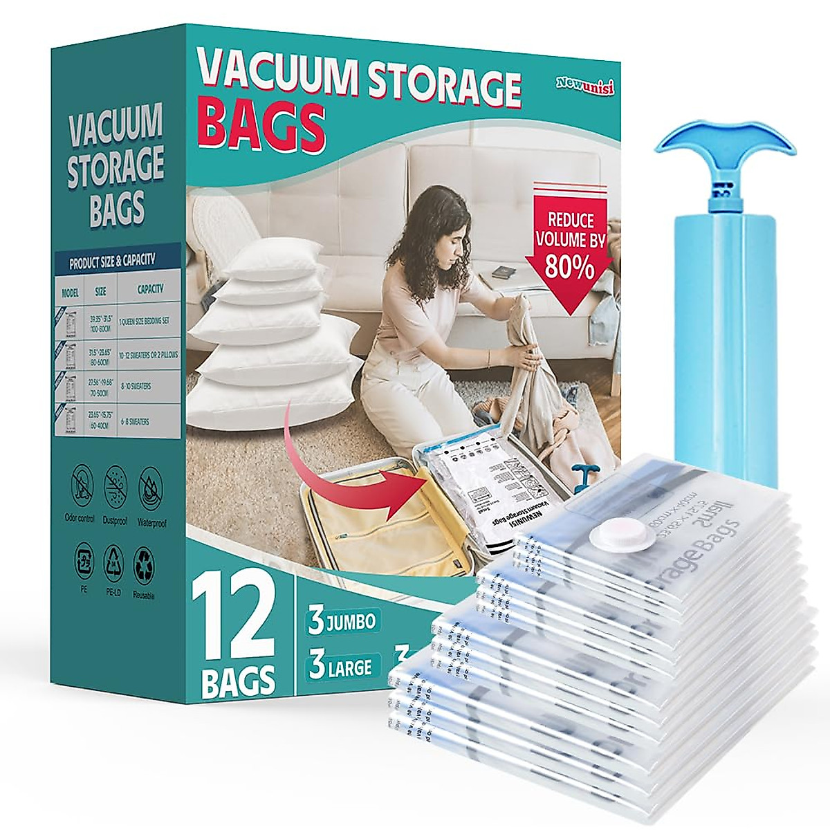 12 Pack Vacuum Storage Bags, Vacuum Seal Bags for Clothing, Comforters, Blankets, Space Saver Vacuum Storage Bags with Hand Pump. (3×Jumbo, 3×Large, 3×Medium, 3×Small)