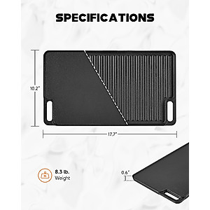 DARTMOOR 2-in-1 Reversible Cast Iron Griddle, 18 in Pre-Seasoned Cast Iron Grill Pan with Pan Scrapers, Double Side Rectangular Frying Pan with Non-Stick Surface, Indoor & Outdoor Use