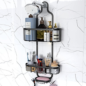 Kadolina Bathroom Hanging Shower Organizer, Over Head Shower Caddy Shower Storage Rack Basket with Hooks for Razor and Sponge Rustproof, Black [Patented]