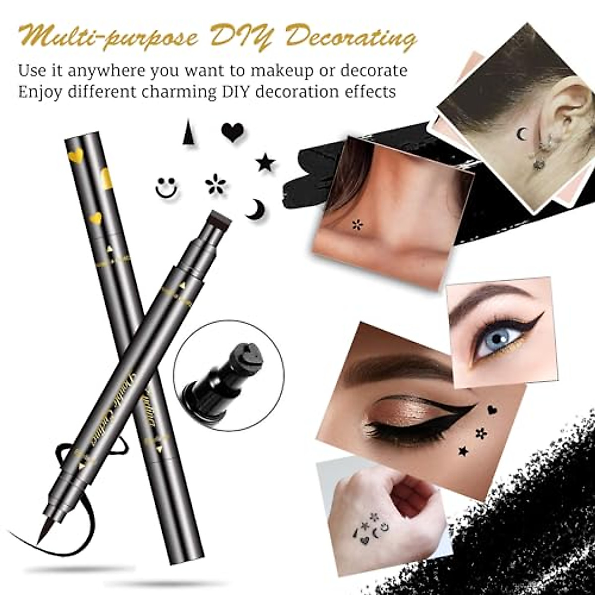 LOKFAR 6 Pcs Double-Side Liquid Eyeliner Stamp Pen Set, Eye Liners for Women Waterproof Eyeliner Pencil Black Eye-liner Stencils Long-Lasting Tattoo Makeup-Triangle,Star,Moon,Heart,Flower,Smiley