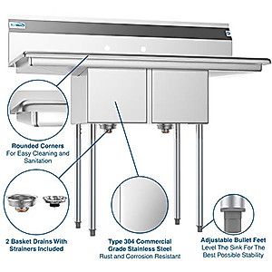 KoolMore - SB121610-12B3 2 Compartment Stainless Steel NSF Commercial Kitchen Prep & Utility Sink with 2 Drainboards - Bowl Size 12" x 16" x 10"