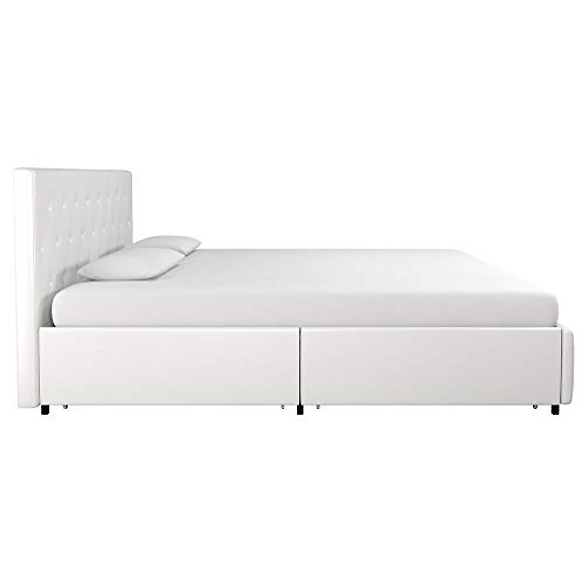 DHP Dakota Upholstered Platform Bed with Underbed Storage Drawers and Diamond Button Tufted Headboard and Footboard, No Box Spring Needed, King, White Faux Leather