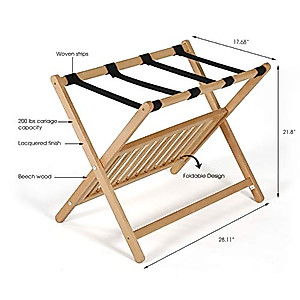 M&T Displays Beech Wood Folding Luggage Rack Travel Suitcase with Woolen Strips and Shelf for Home Hotel Gym Spa Guest Room 200 lbs Carriage Capacity Natural Wood 18x30 Inches