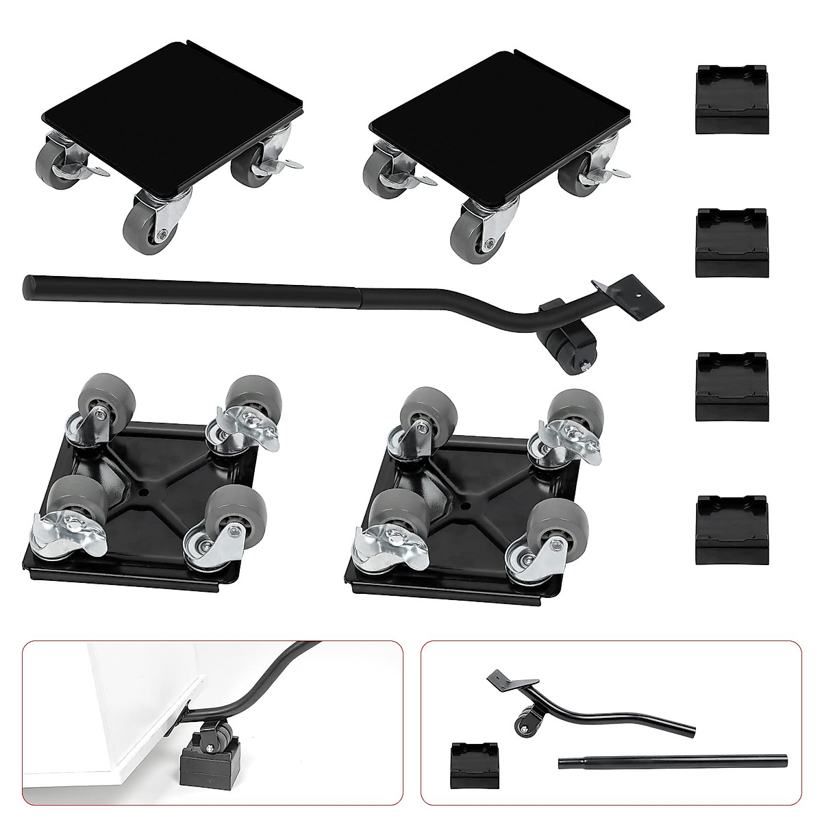 Heavy Duty Furniture Expandable Lifter with 4 Mover Dolly for Easy and Safe Moving Kit, Rubber Wheels 2 Brake 360° Rotatable Appliance Mover Dolly, Max Up for 1320LBS/600KG (Black)