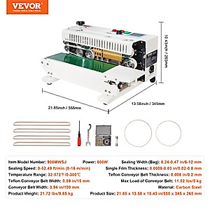 VEVOR Continuous Bag Band Sealing Machine, 0.24-0.47 in/6-12 mm Seal Width, Horizontal Band Sealer Machine with Digital Temperature Control, Bag Sealer for 0.02-0.8 mm Plastic Bags with Count Function