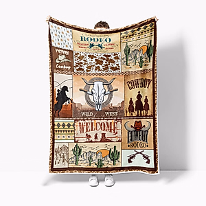 Western Cowboy Blankets, Retro Rustic Cowboy Hat Boot Throw Blanket, American Wild West Cowboy Riding Horses Soft Flannel Blanket for Baby Boys Kids Adults Home Decoration 50X60in Brown