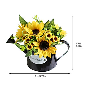 Takefuns Artificial Sunflowers and Metal Kettle Potted, Artificial Sunflowers Bouquet in Pot Bonsai, for Home Office Garden Party Wedding Table Decor
