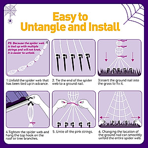 Halloween Decorations Spider Webs with 135 Purple Lights, 200" Triangular Huge Web, One Huge Spider, 20pcs Small Spiders and Extra Fiber for Outdoor Yard Decors