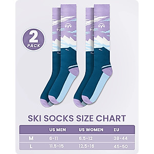 OutdoorMaster Ski Socks, 2-Pair Pack Skiing and Snowboarding Thermal Socks for Women with Over the Calf Design w/Non-Slip Cuff, Mountain Patterns - Lavender, Medium