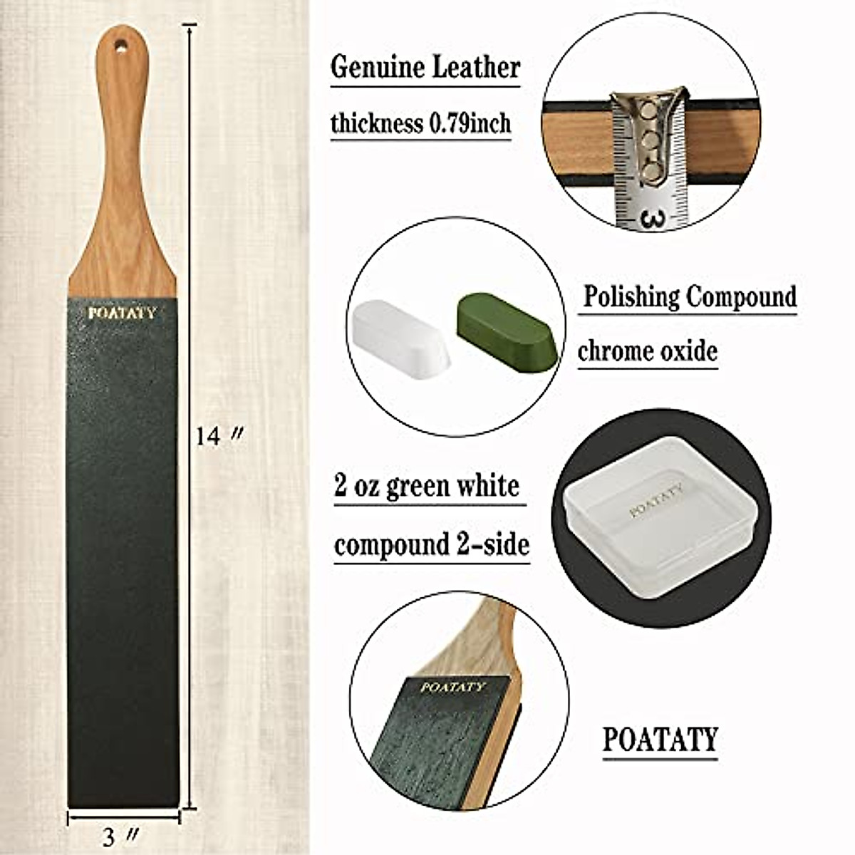 POATATY Leather Strop Paddle with Polishing Compound 14 inch x 2 inch for Sharpening & Honing- Knives Double Sided Strop Paddle - Get Razor-Sharp Edges with Knife Strop Kit