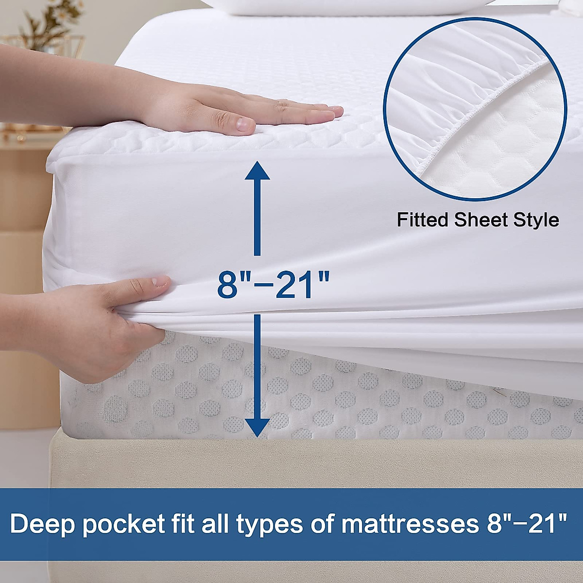 Premium Waterproof Bamboo Mattress Protector Queen Size for Cooling & Breathable,Ultra Soft Mattress Pad Cover,18 Inch Deep Pocket Fitted 8"-21"