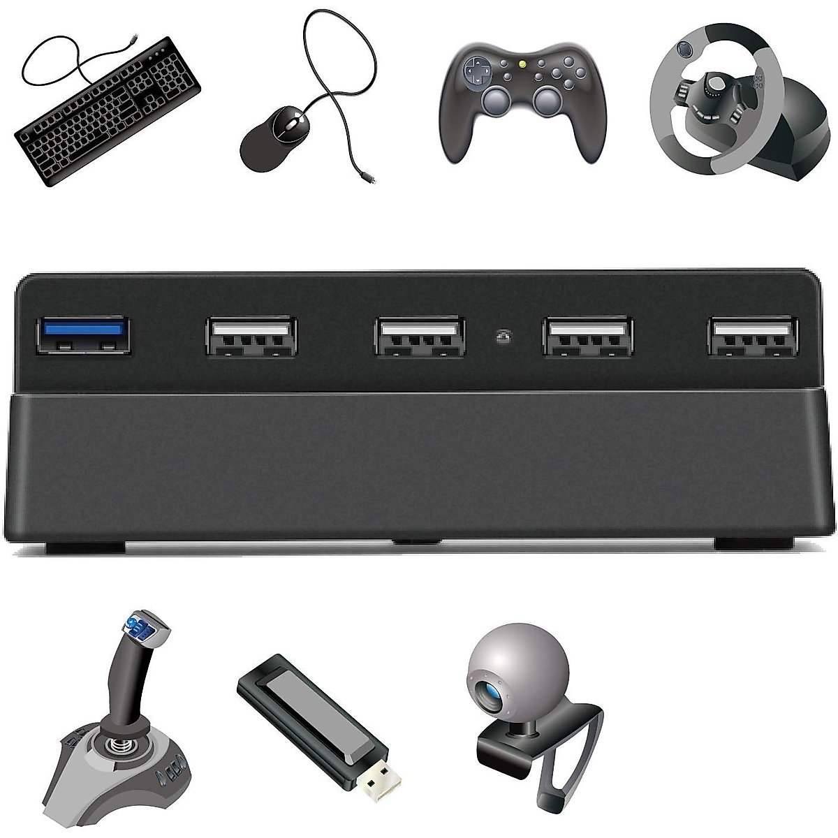 5 Port USB HUB for PS4 Slim Only, VSEER USB 3.0/2.0 High Speed Charger Controller Splitter Expander for PS4 Slim