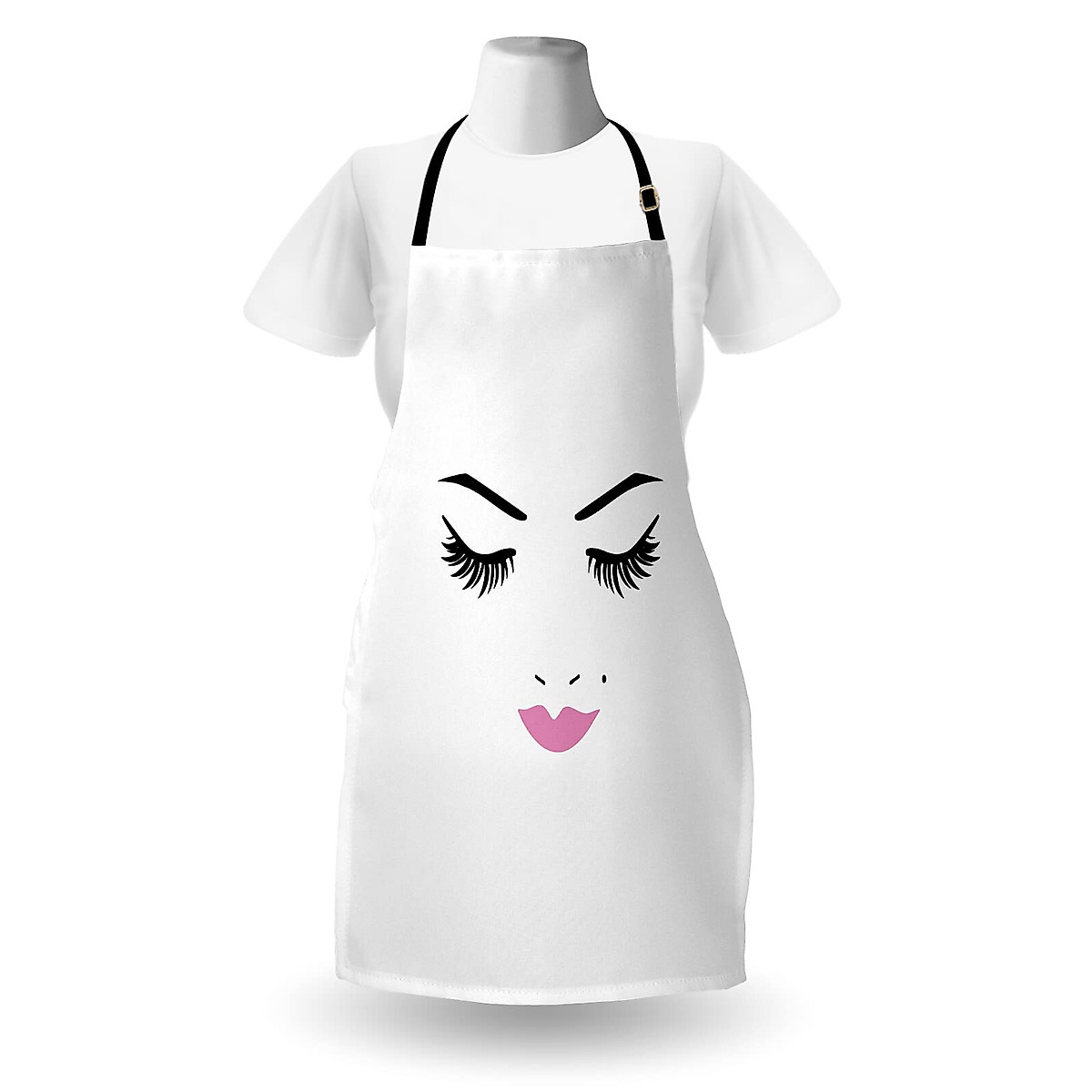 Ambesonne Eyelash Apron, Closed Eyes Pink Lipstick Glamor Makeup Cosmetics Beauty Feminine Design, Unisex Kitchen Bib with Adjustable Neck for Cooking Gardening, Adult Size, Fuchsia Black White