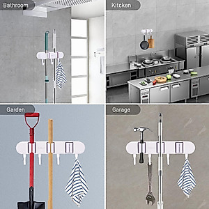 Bntyok Broom Holder with 2 Slots & 3 Hooks Heavy Duty Garden Tool Organizer Broom Hanger Wall Mount for Home Laundry Room Kitchen Closet Shed Garage Organization and Storage - White