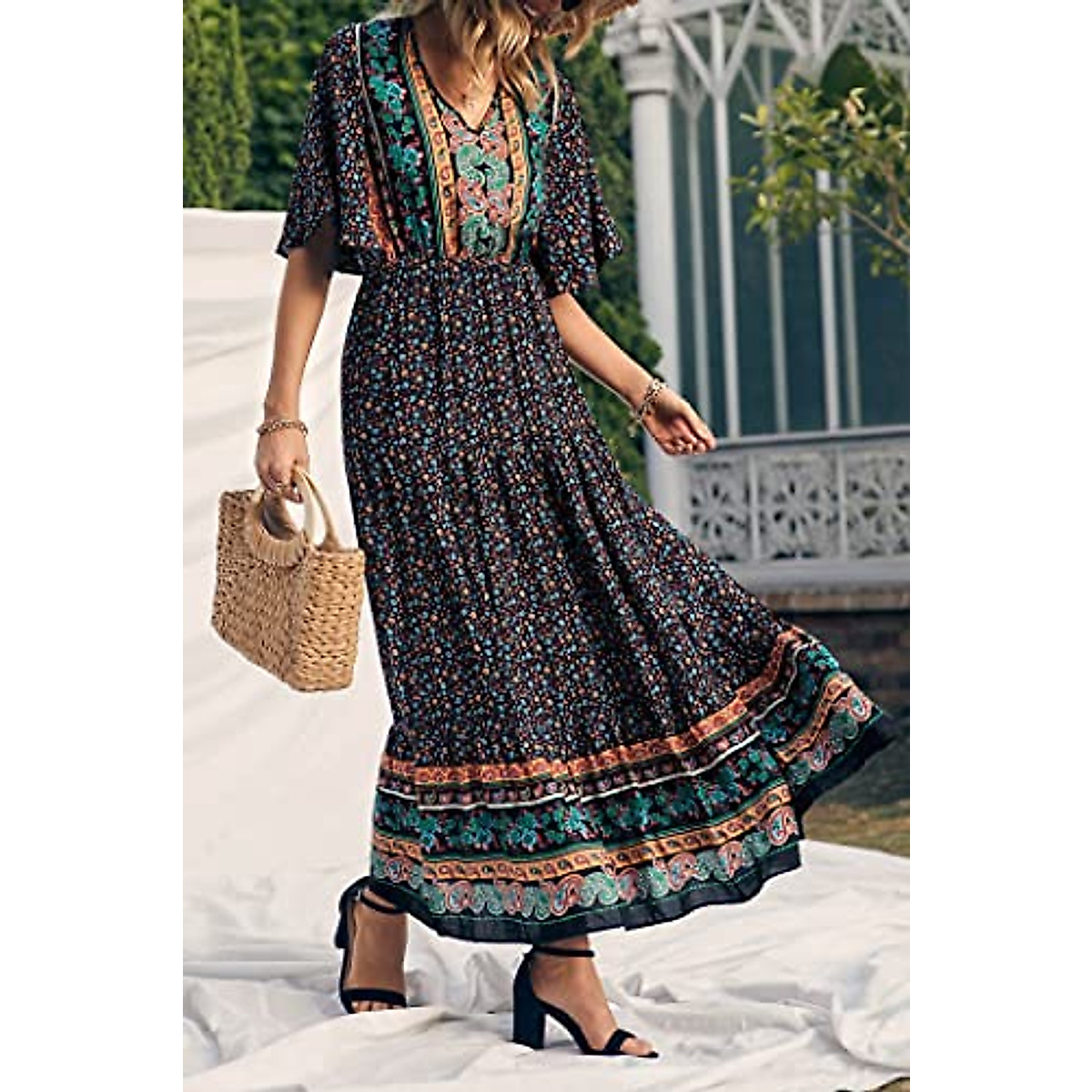PRETTYGARDEN Women's Casual Summer Boho Floral Print Dress V Neck Short Sleeve High Waist Long Maxi Beach Dresses (Black Floral,Medium)