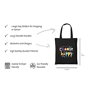 CurryFerry Cute Canvas Tote Bag for Women - Teacher Tote Bag - Inspirational Gifts for Teacher - Black Tote Bag - Reusable Shopping Bags for Grocery Utility Teacher College Work (Choose Happy)