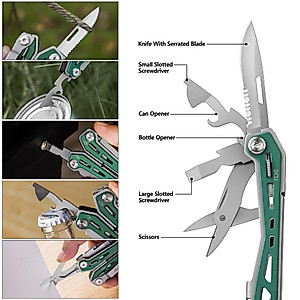 FLISSA Multi Tool Pliers, Green 16 in 1 Stainless Steel Multipurpose tool with Tactical Multitool Knife, Screwdrivers, Saw, Bottle Opener and Durable Sheath, Essential Gear for Outdoor Adventures