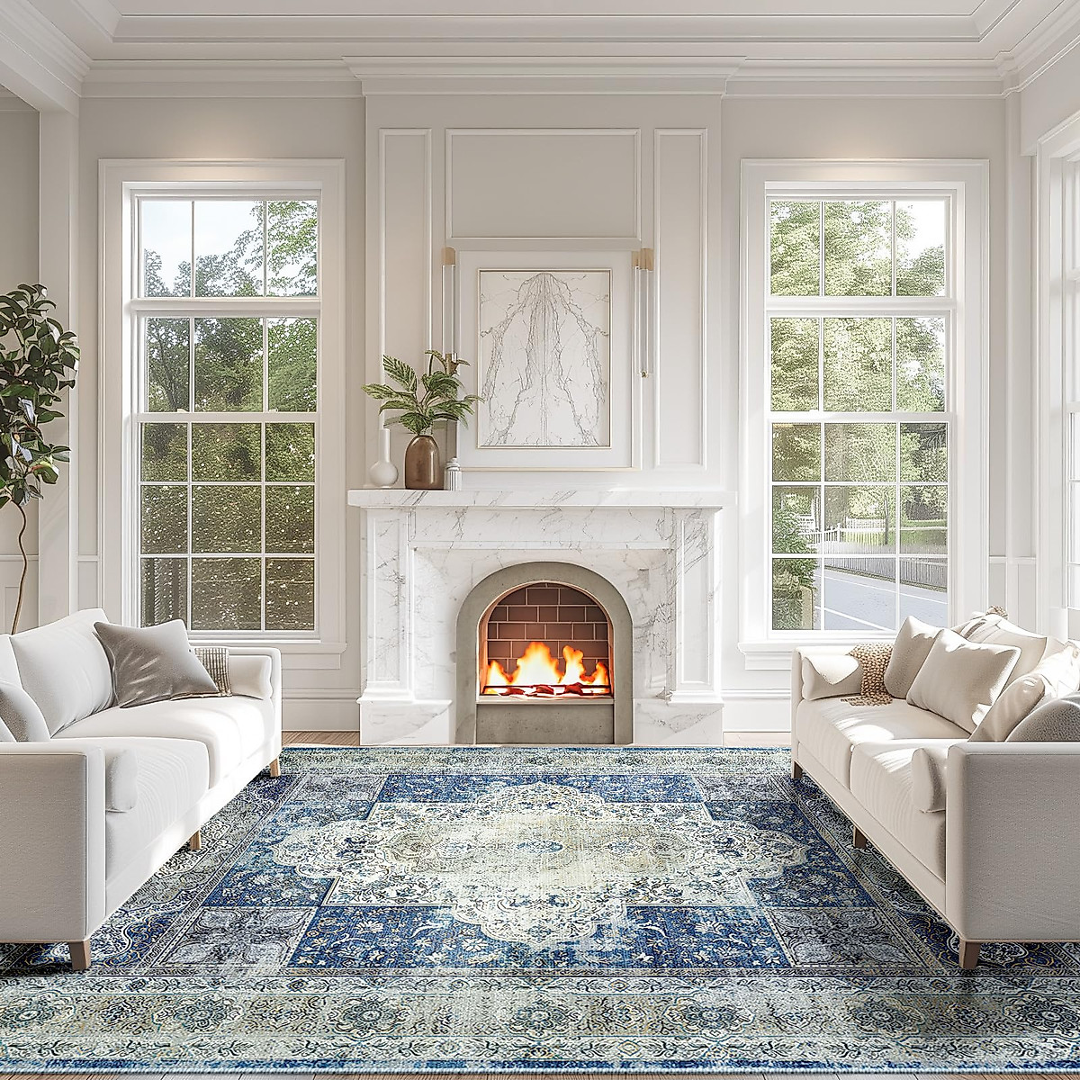 BESTSWEETIE 8x10 Area Rugs Machine Washable No Pile Non Slip Vintage Rugs for Living Room&Bedroom&Dinning Room Bohemian Distressed Carpet Indoor,Blue