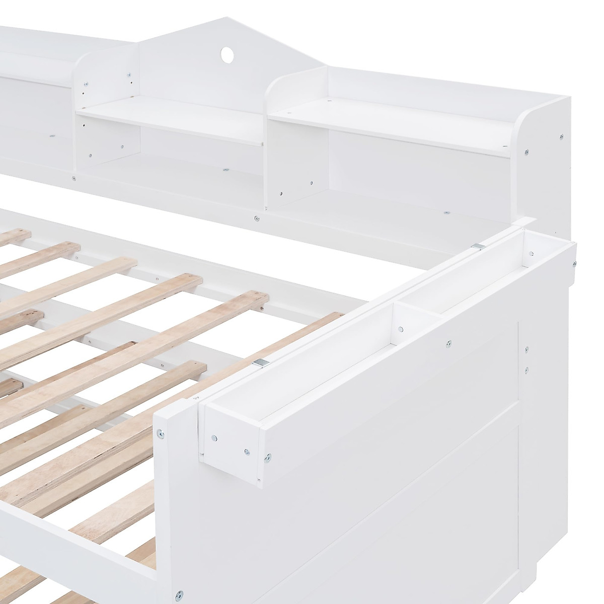 Merax Wooden Storage Shelf, Twin XL Daybed with 2 Trundle, White