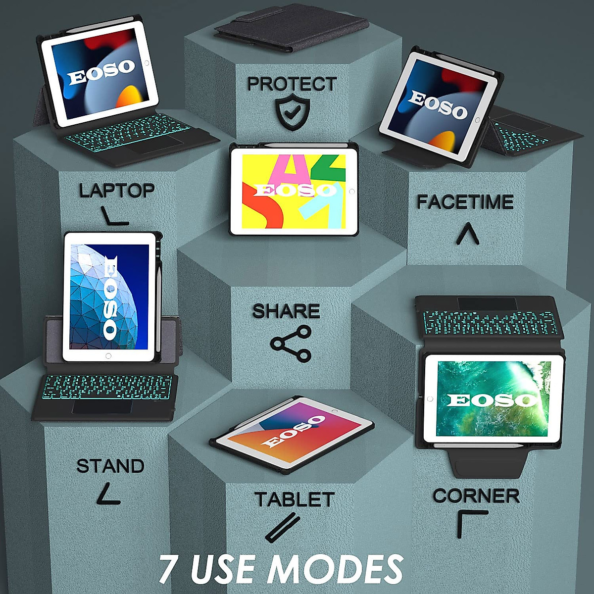 eoso Trackpad iPad Keyboard Case for Apple iPad 10.2" 2021 9th&8th&7th Gen, Air 3,Pro 10.5-7 Color Backlight,Touchpad Detachable Slim Cover with Pencil Holder (10.2"/10.5",Black)