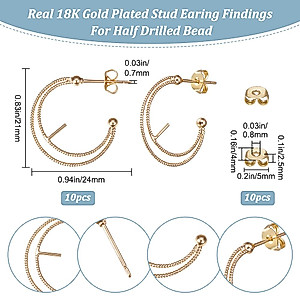 Beebeecraft 1 Box 10Pcs Half Hoop Earrings 18K Gold Plated Geometry Double Round Studs Earring Finding with 10Pcs Ear Nuts for Half Drilled Beads Earring Making Supplies Pin: 0.7mm