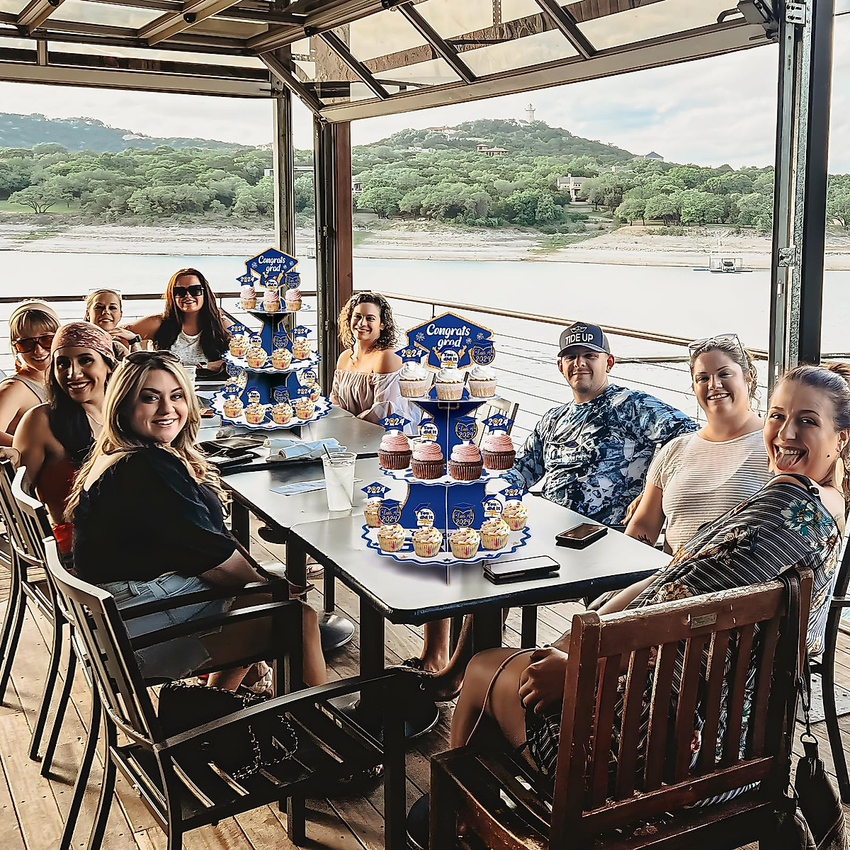 jollylife 2 Set Graduation Decorations Class of 2024 Blue and Gold Cupcake Stand,3-Tier Cardboard Congrats Grad Tower Plus 24 Cake Toppers Party Supplies Decor(Assembly Needed)