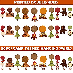Levfla 30CT Happy Camper Party Hanging Swirls Decoration Camping Kids Birthday Photo Props Ideas Tent Cutouts Adventure S'more Whirls Signs Baby Shower Favor Supplies