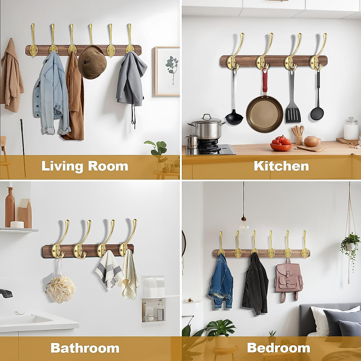 BRCRXW Wall Hooks for Hanging, 10-Pack Heavy Duty Metal Coat Hooks, for Living Room, Bathroom, Kitchen, Bedroom for Towel, Hat, Key, Closet, Bag (Gold)