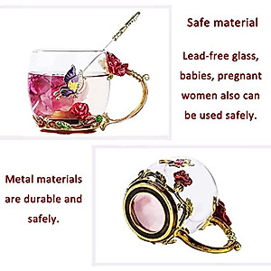 VANUODA Enamels Butterfly Flower Tea Cup, Glass Coffee Mugs with Spoon, Valentines Mothers Day Graduation Christmas Gifts for Women Wife Mom Her Grandma Girls Teacher Friends, Birthday Present Idea