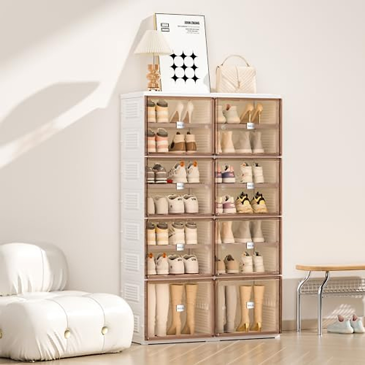 BINSIO Shoe Storage Cabinet 7 Tiers for 28 Pairs, Collapsible Shoe Racks Organizer, Easy Assemble Foldable Shoe Boxes, One Piece Portable White Plastic Shoe Cubby for Closet, Entryway, Bedroom