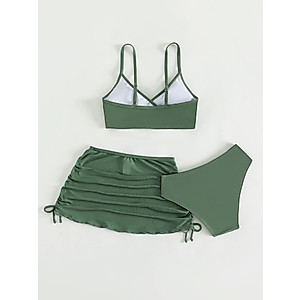 COZYEASE Girls' 3 Piece Plain Swimsuit Wrap Bikini with Ruched Cover Up Skirt Set Olive Green 9Y