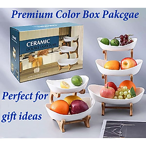 fghuim 3 Tier Ceramic Fruit Bowls with Bamboo Stand,Decorative Ceramic Friut Bowl with Bamboo Holder for Kitchen Counter White(Include 1 Y Stainless Steel Peeler,3 Oranger Finger Peelers)