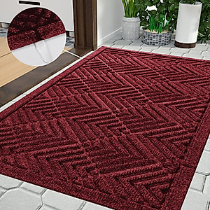 Yimobra Door Mat Outdoor Entrance with Water Freeing Port, Heavy Duty Non Slip Front Doormat Outdoor Indoor for Home Entranway, Patio Entrance Mats, Natural Rubber Backing, 29.5 x 17 Inch, Wine Red