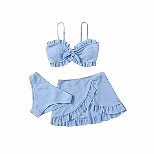 COZYEASE Girls' 3 Pcs Set Tie Front Ruffle Trim Bikini Swimsuit with Beach Skirt Cute Frill Wrap Swimsuit Light Blue 11-12Y