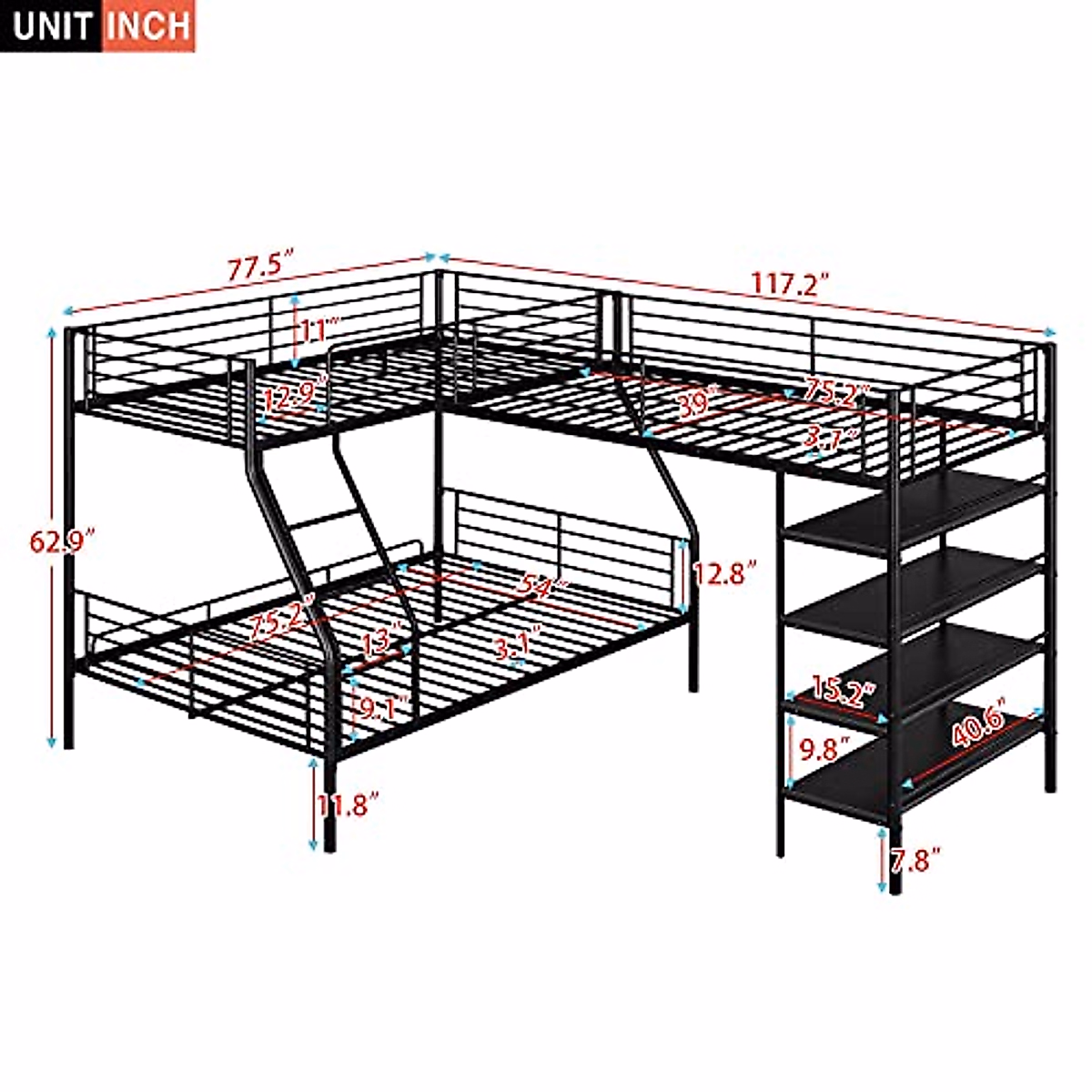 Cotoala L-Shaped Metal Twin Over Full Bunk Bed and Twin Size Loft Bed with 4 Shelves, Steel Bedroom Bedframe for Bedroom, Dorm, Adults, No Spring Box Required