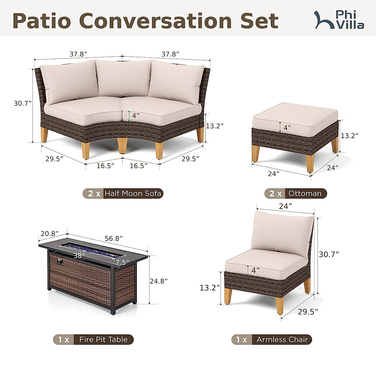 PHI VILLA 8-Piece Outdoor Furniture Wicker Set with 56" Gas Fire Pit Table Half-Moon Curved Patio Conversation Waterproof Rattan Sofa with Ottoman, Beige