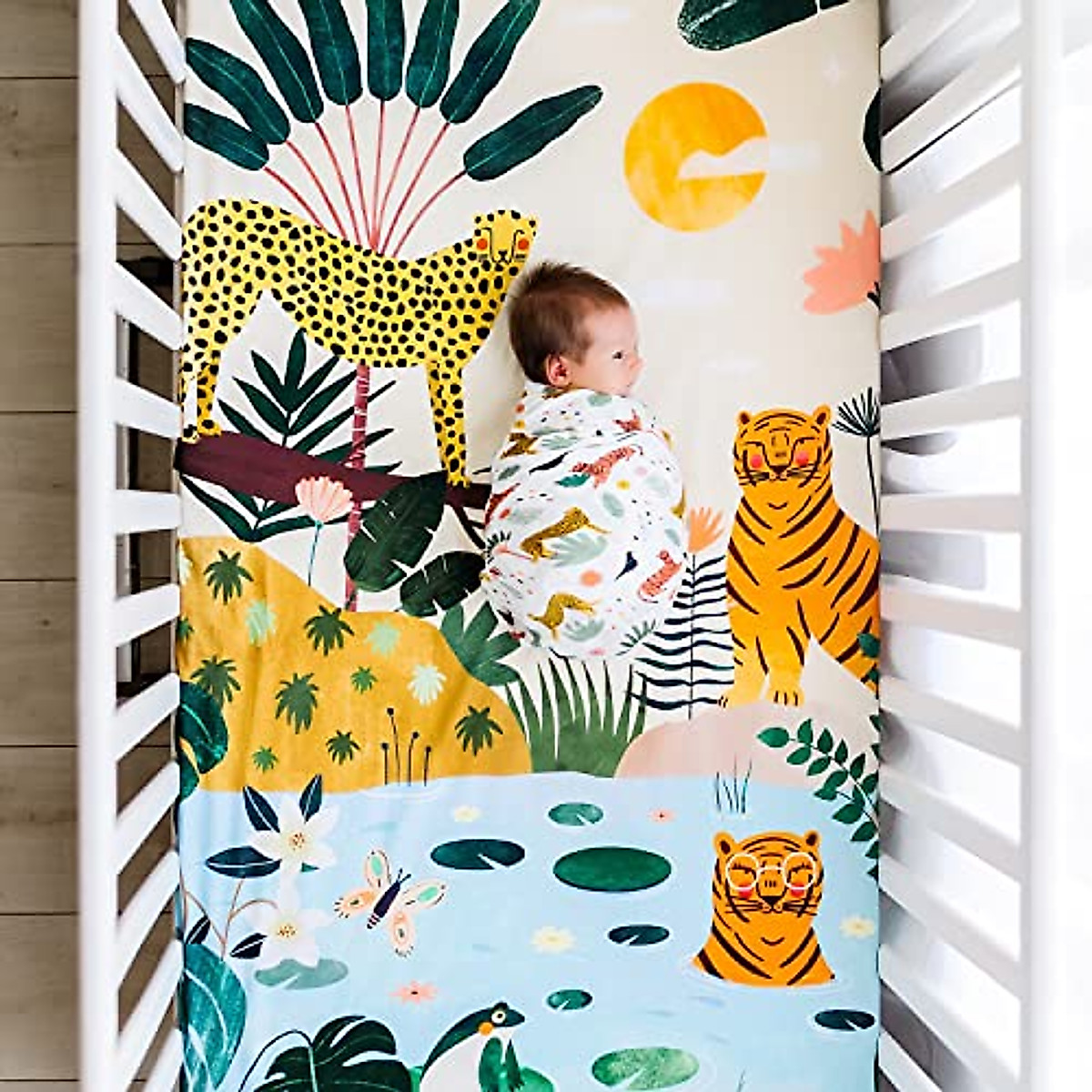 Rookie Humans 100% Cotton Sateen Fitted Crib Sheet: in The Jungle. Modern Nursery, Use as a Photo Background for Your Baby Pictures. Standard Crib Size (52 x 28 inches)