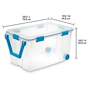 Sterilite 120 Qt Wheeled Gasket Box, Stackable Storage Bin with Latching Lid, Handle and Tight Seal, Plastic Container with Clear Base and Lid, 3-Pack