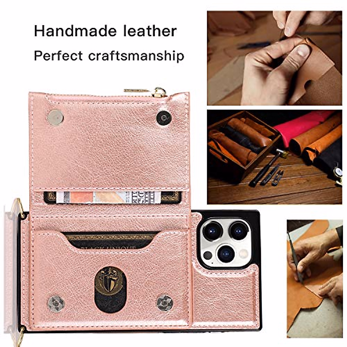 LUVI Compatible with iPhone 12 Pro Max Wallet Case with Crossbody Neck Strap Lanyard Purse Handbag Shoulder Strap Cover with PU Leather Credit ID Card Holder Kickstand Stand Protection Case Rose Gold