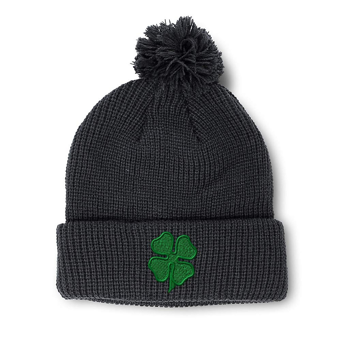 Pom Pom Beanies for Women 4 Leaf Clover Embroidery Skull Cap Shamrock St Patrick's Day Winter Hats for Men Acrylic 1 Size Black Design Only