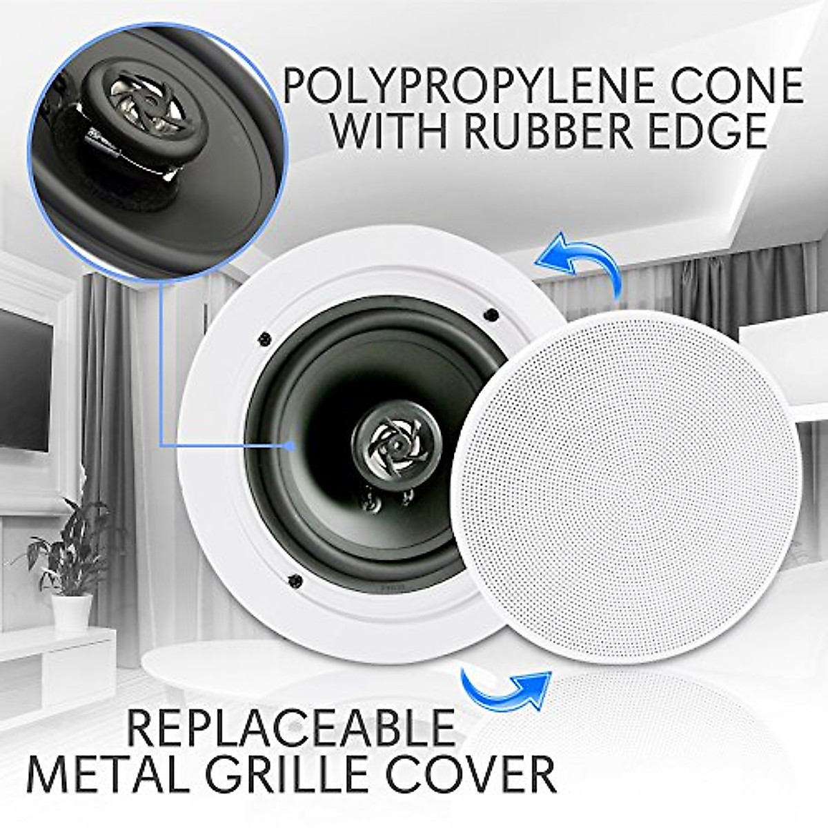Pyle Pair 8” Bluetooth Flush Mount In-wall In-ceiling 2-Way Universal Home Speaker System Spring Loaded Quick Connections Polypropylene Cone Polymer Tweeter Stereo Sound 250 Watts , White,Single.