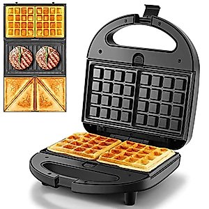 OSTBA 3 in 1 Sandwich Maker Panini Press Waffle Iron Set with 3 Removable Non-Stick Plates, 750W Toaster Perfect for Sandwiches Grilled Cheese Steak, Black