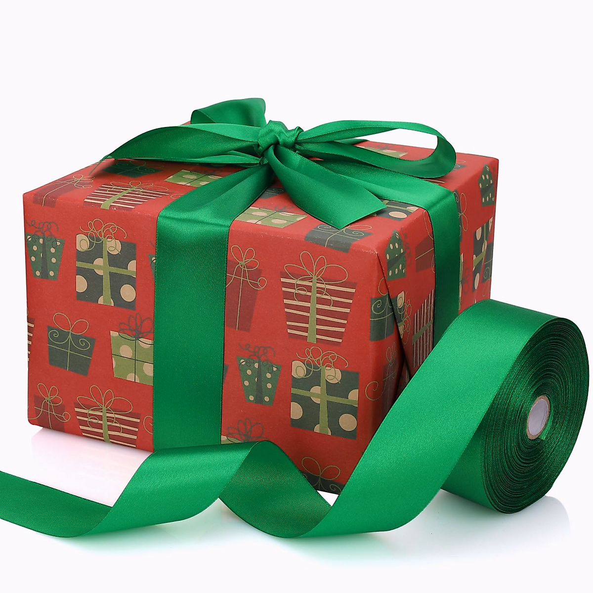 Baocuan 1-1/2 inch Green Satin Ribbon 50 Yards Solid Fabric Ribbons Roll for Wedding Invitations, Bridal Bouquets, Sewing, Party Decorations, Gift Wrapping and More