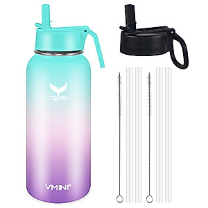 Vmini Water Bottle with New Wide Handle Straw Lid, Wide Mouth Vacuum Insulated 18/8 Stainless Steel, 4 Straws and 2 Brushes, 32 oz, Gradient Mint + Pink + Purple