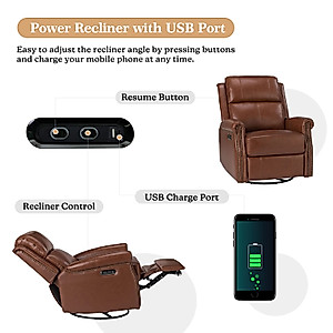 HULALA HOME Genuine Leather Power Recliner Chair with USB Port, Modern Electric Swivel Rocker Glider Recliner with Nailhead Trim & Metal Base- for Living Room Bedroom Home Theater, Brown