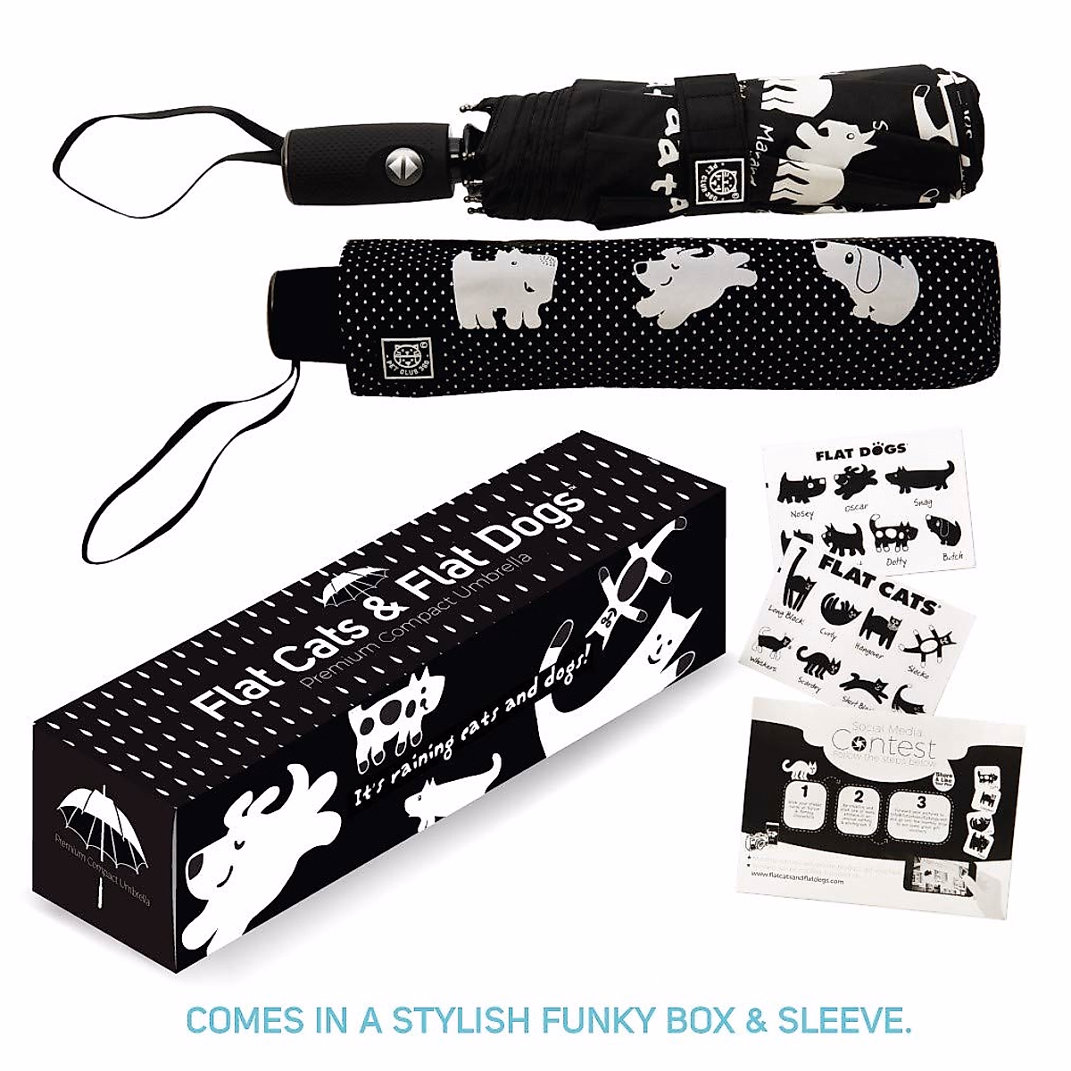 FLAT CATS & FLAT DOGS Travel Umbrella with Automatic Open & Close Function | Small, Foldable & Portable Compact Umbrella for Backpack | Windproof Umbrellas for Rain & UV Protection