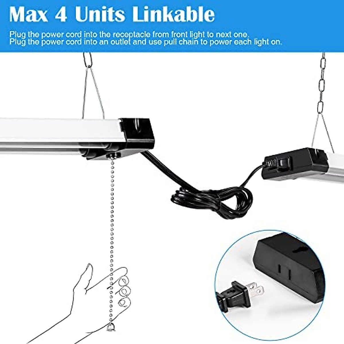 ZJOJO Linkable LED Shop Light for Garage, LED Shop Light 4FT with Pull Chain (ON/Off), 3000K/4000K/5000K, 42W 4800LM Bright LED Shop Lights with 5 Year Warranty for Workshop Office Warehouse-1Pack