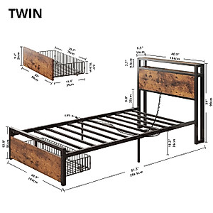 LIKIMIO Twin Bed Frames with Drawer, Storage Headboard with Outlets, No Box Spring Needed, Easy Assembly, Vintage Brown
