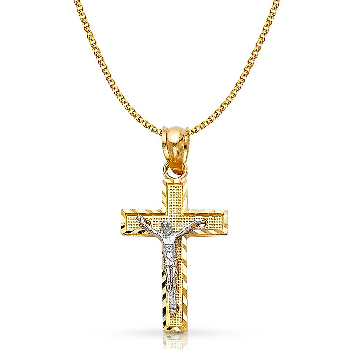 14K Two Tone Gold Jesus Crucifix Cross Pendant with 1.4mm Flat Open Wheat Chain Chain Necklace - 22"